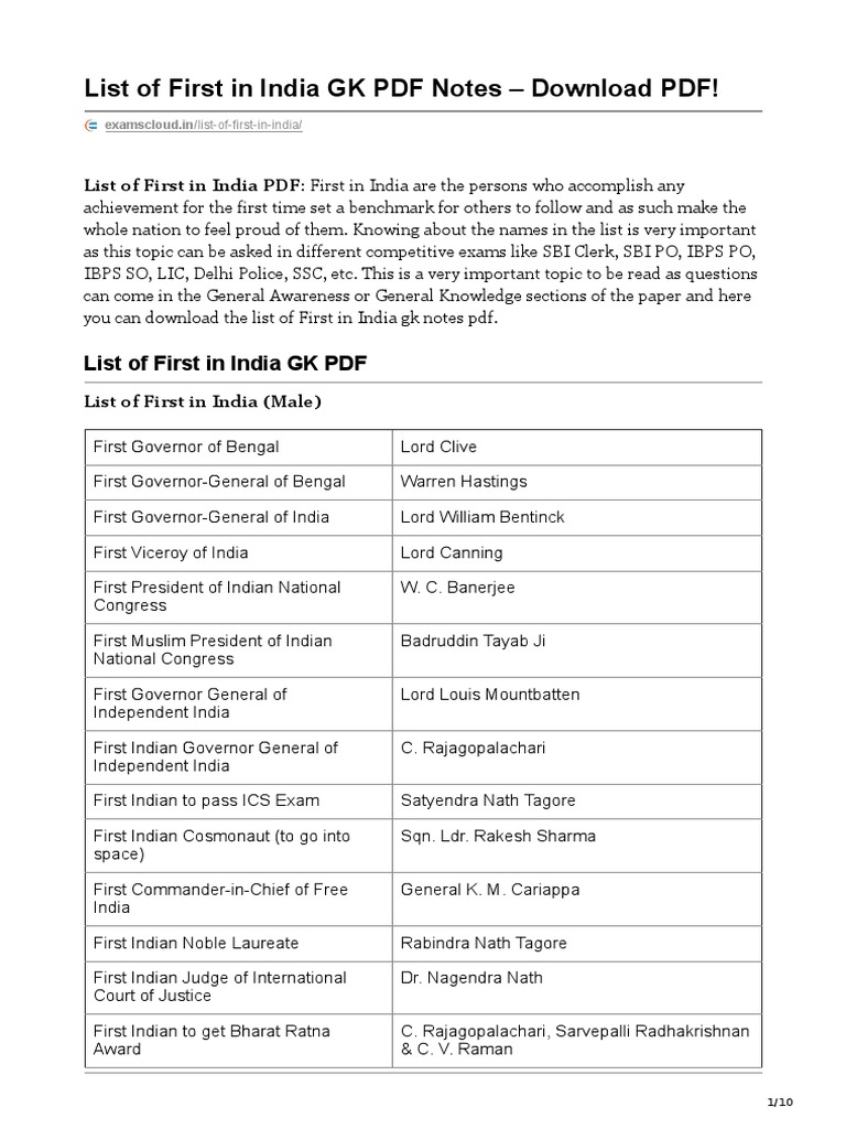 Firsts in India: GK Notes PDF | PDF | Indian National Congress ...