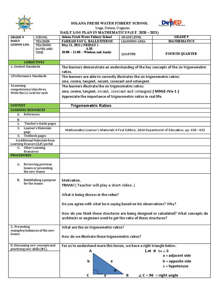 DLL COT - Trigo Ratios - 4thquarter | PDF | Trigonometric Functions ...