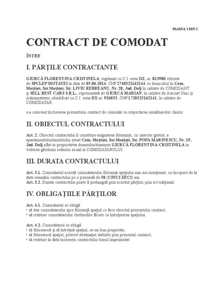 Contract Comodat | PDF