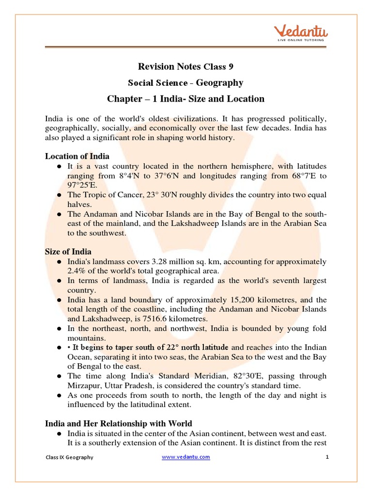 CBSE Class 9 Geography Chapter 1 Notes - Size and Location | PDF ...