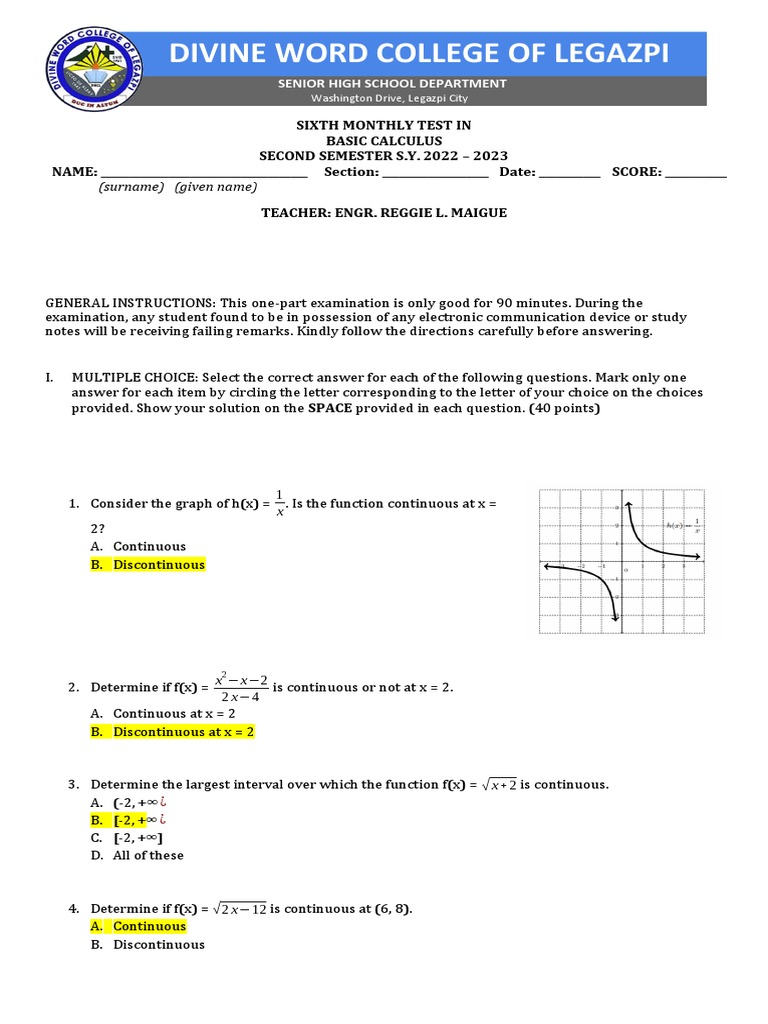 6th Monthly Test Basic Cal | PDF | Multiple Choice