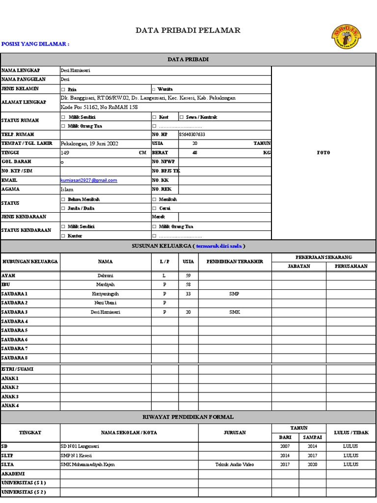 Form Data Diri Pelamar - Store | PDF