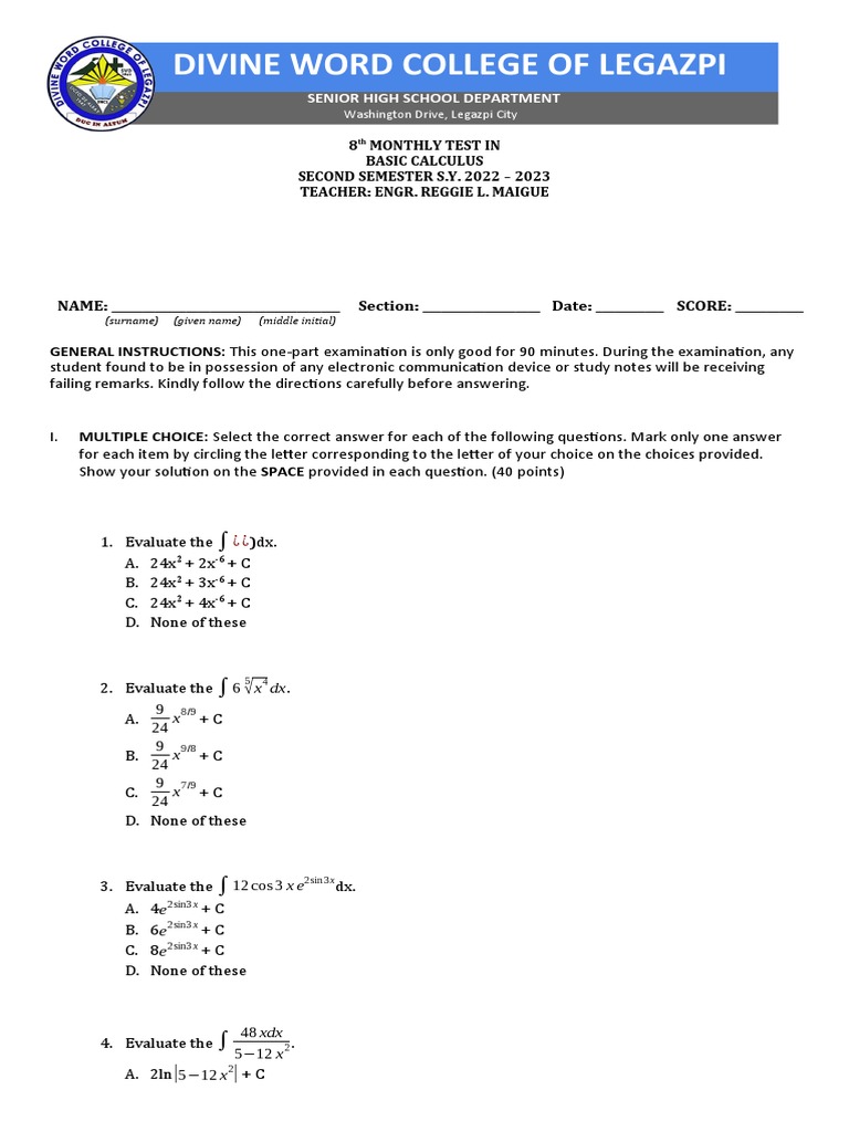 8th-Monthly-2023 Basic Cal | PDF | Maxima And Minima | Mathematics