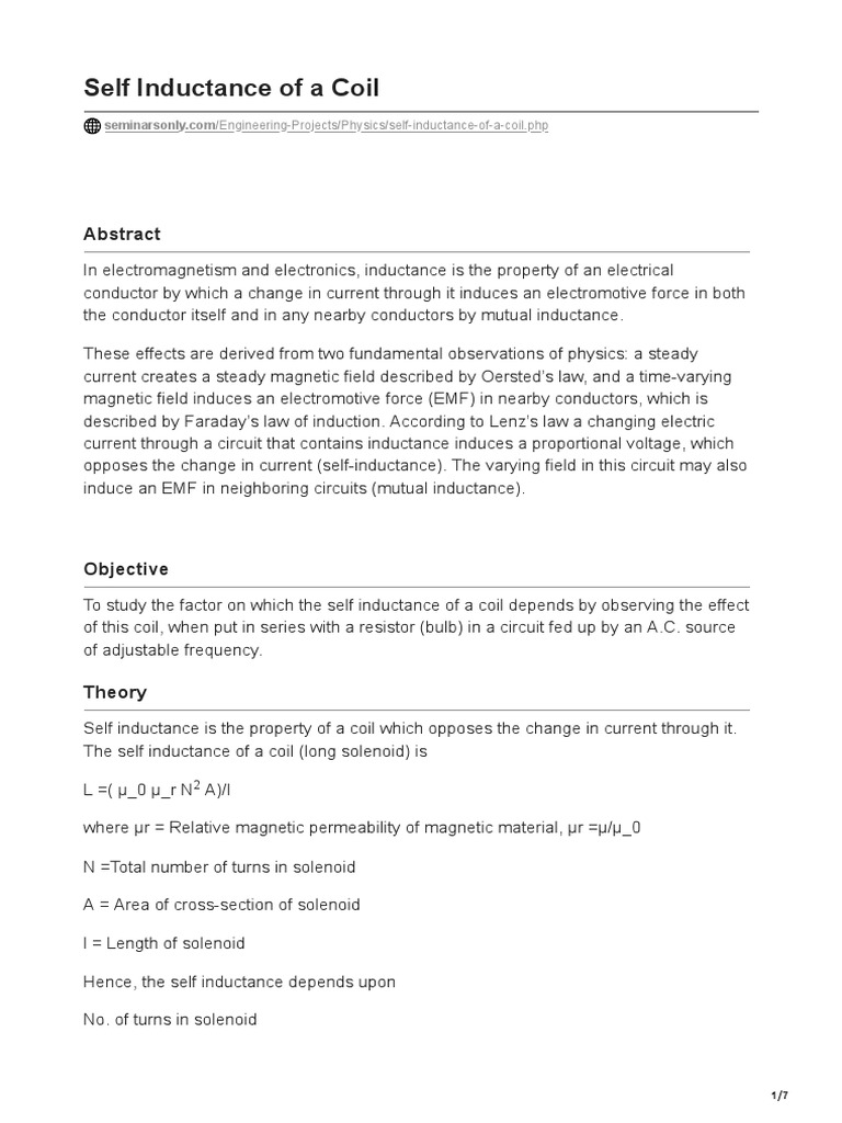 Self Inductance of A Coil | PDF | Inductance | Electromagnetic Induction