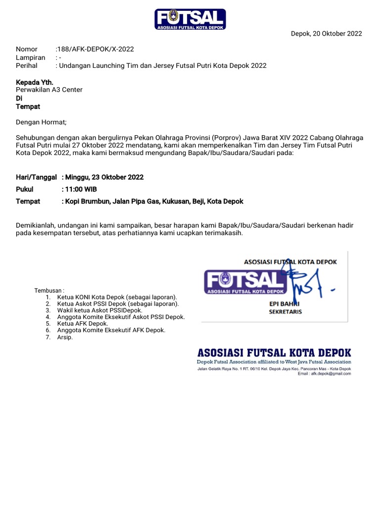 Undangan Launching Tim Futsal Putri Depok | PDF