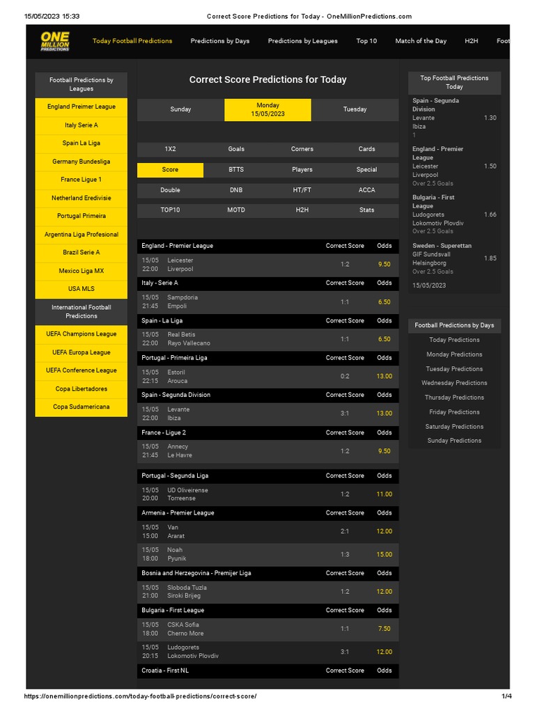 Correct Score Predictions For Today | PDF | Sports Teams | Sports Leagues