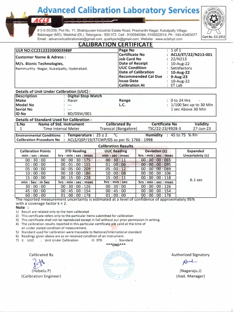 Digital Stop Watch Calibration Certificate | PDF