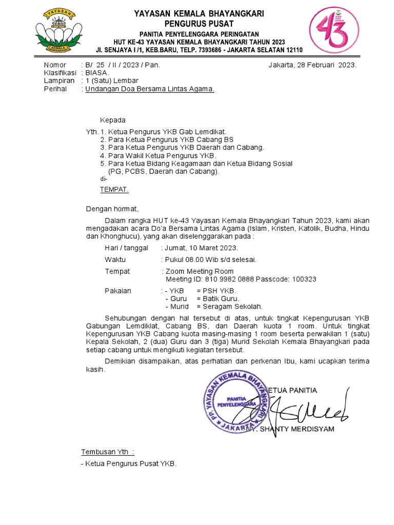 SURAT PAN HUT 2023-25-Ke YKB SE INDONESIA-Undangan Doa Bersama - TGL 10-3-2023-ttd D Cap | PDF