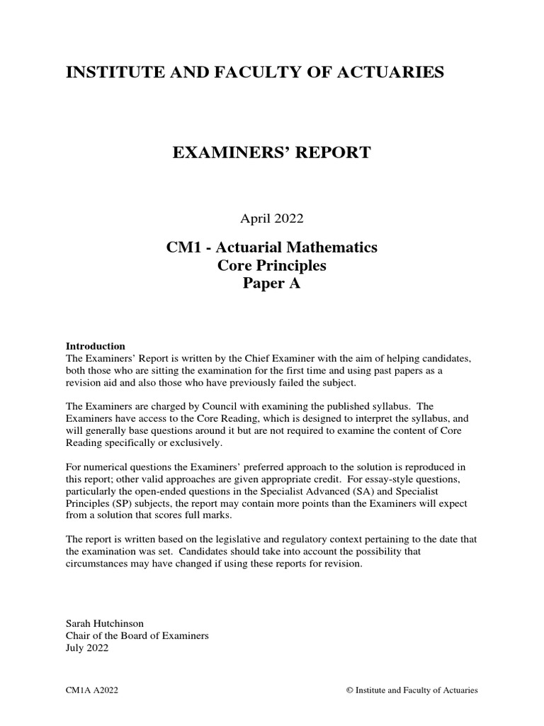 IandF CM1 Paper A 202204 Examiner Report | PDF
