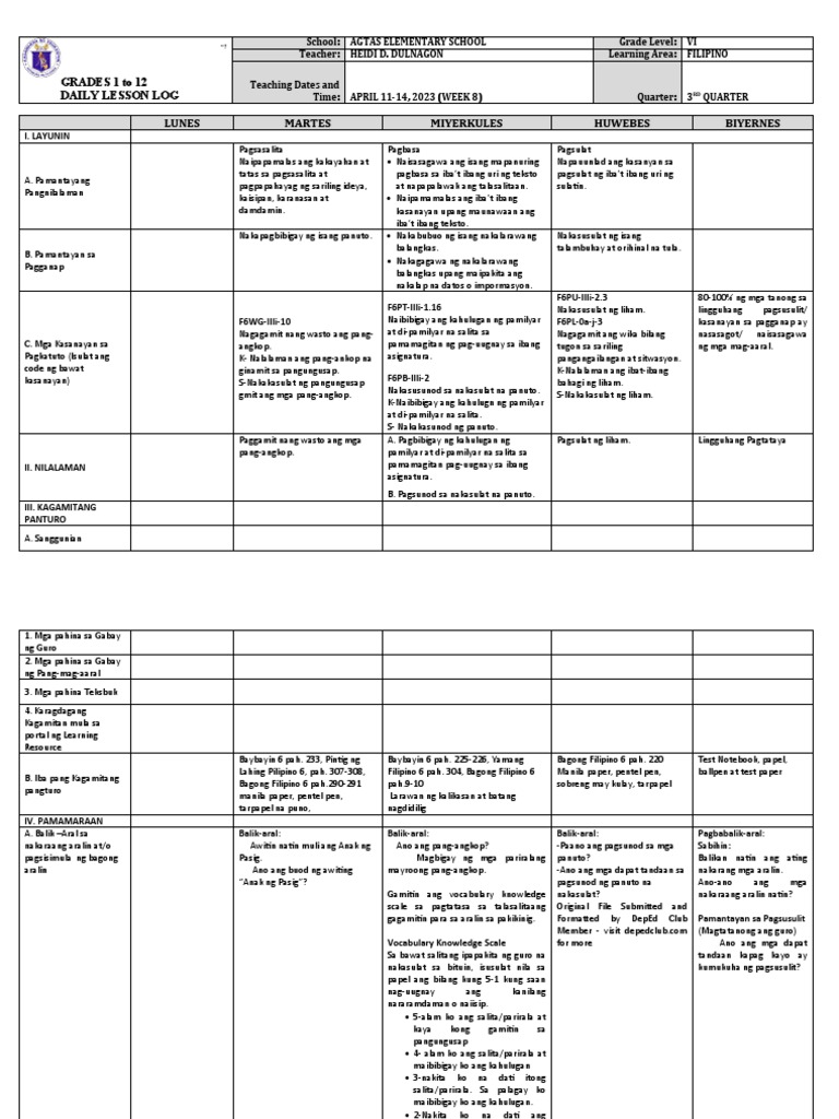 DLL - Filipino 6 - Q3 - W8 | PDF