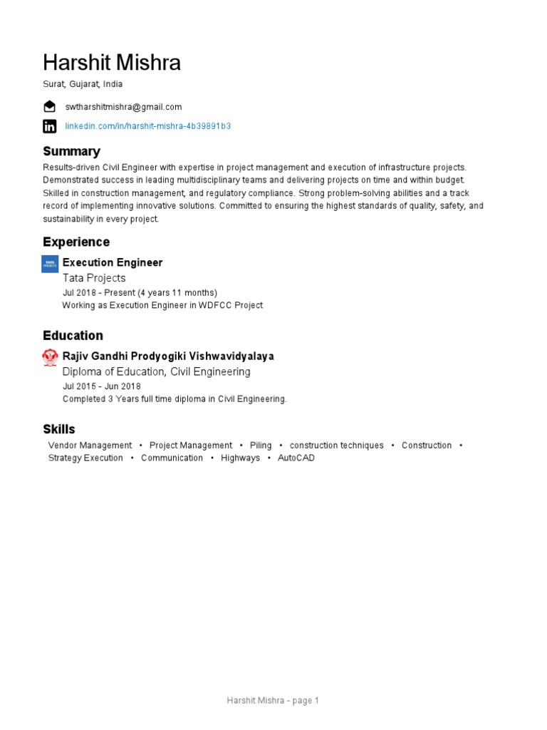 Civil Engineer Harshit Mishra Profile | PDF | Business | Technology & Engineering