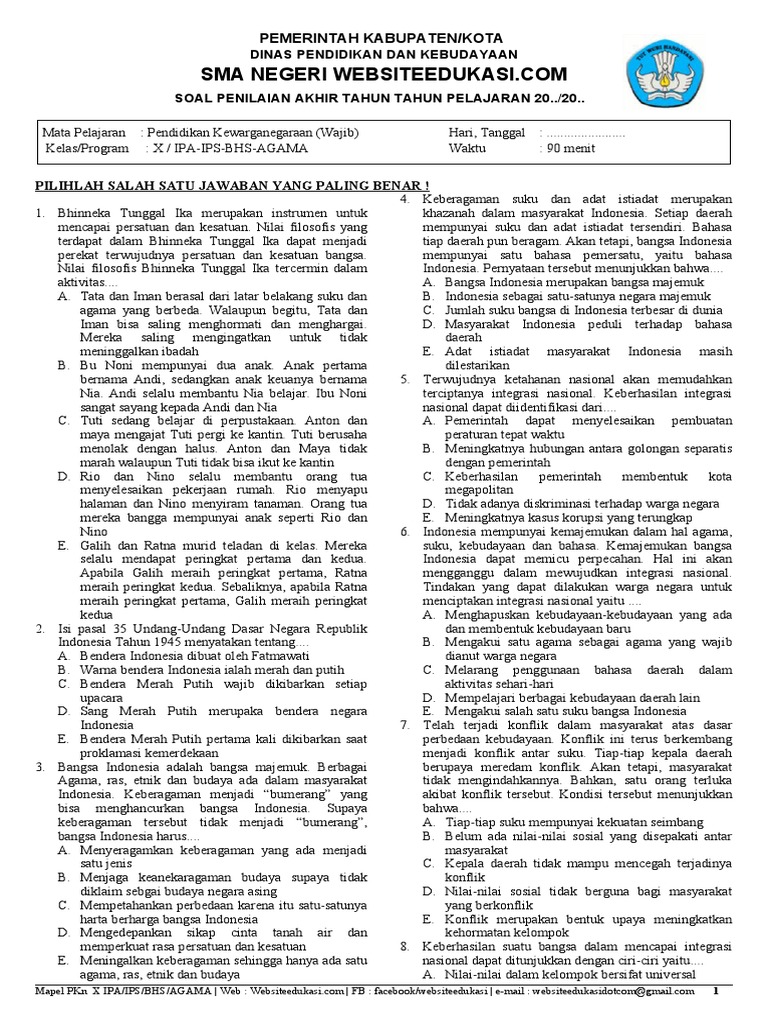 Soal PAT PKN Kelas X K13 | PDF