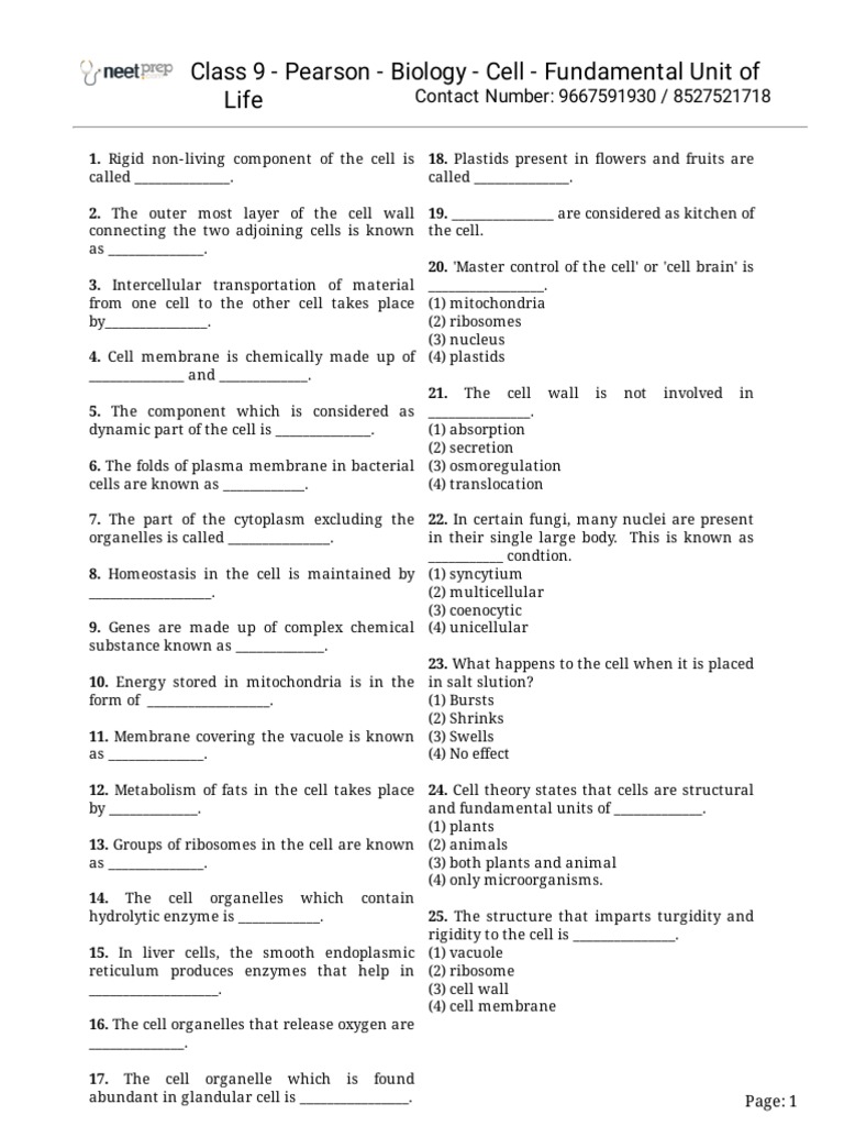 Class 9 - Pearson - Biology - Cell - Fundamental Unit of Life | PDF | Cell (Biology) | Chloroplast