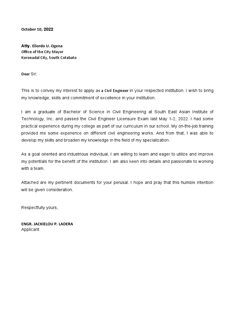 Civil Engineer Job Application Letter | PDF | Career & Growth