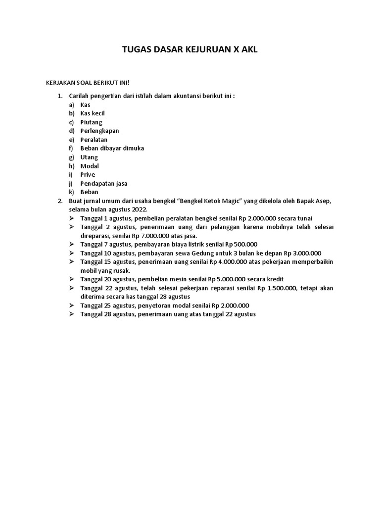 Tugas Dasar Kejuruan X Akl-1 | PDF | Pengelolaan Keuangan & Uang