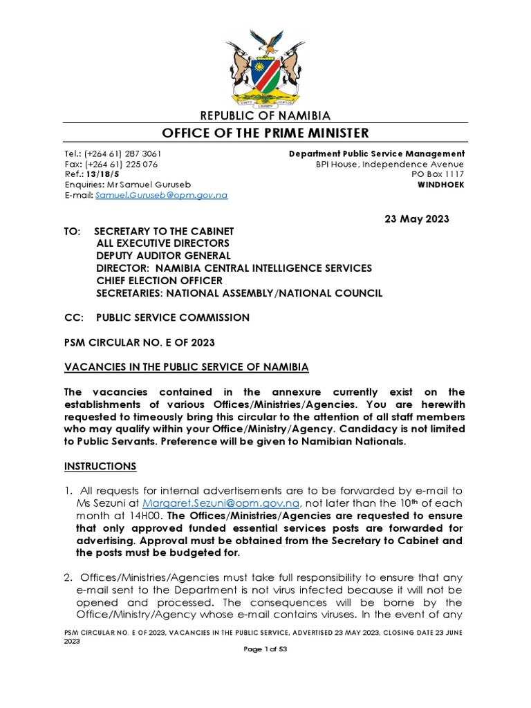 2023 Namibia Public Service Vacancies | PDF | Namibia | Strategic Planning