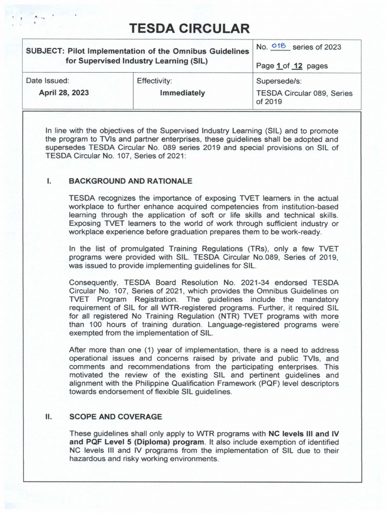 Tesda Sil Guidelines 2023 Implementation Pdf Business