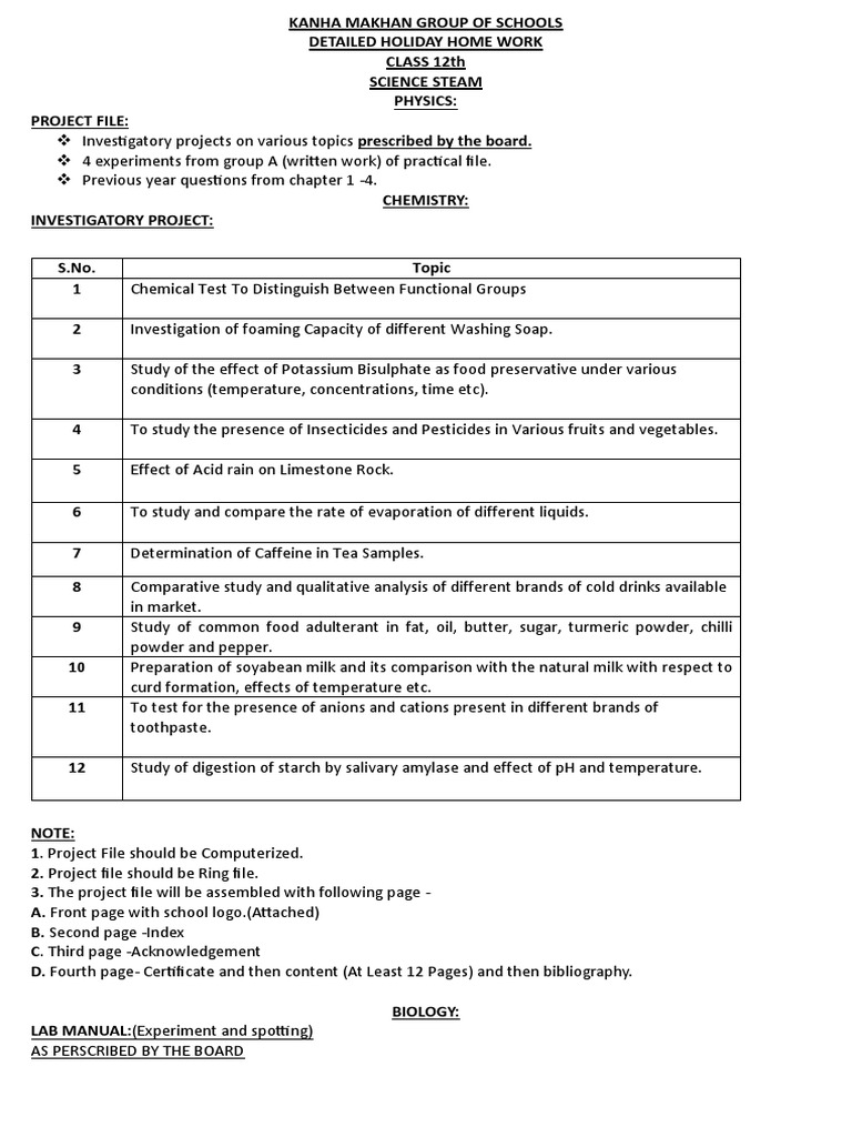 Detailed Holiday Homework (12th Science) | PDF
