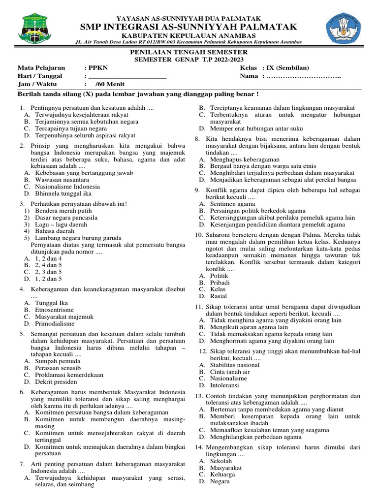 Ujian PTS PPKN KELAS 9 Semester 2 Tahun 2022-2023 | PDF