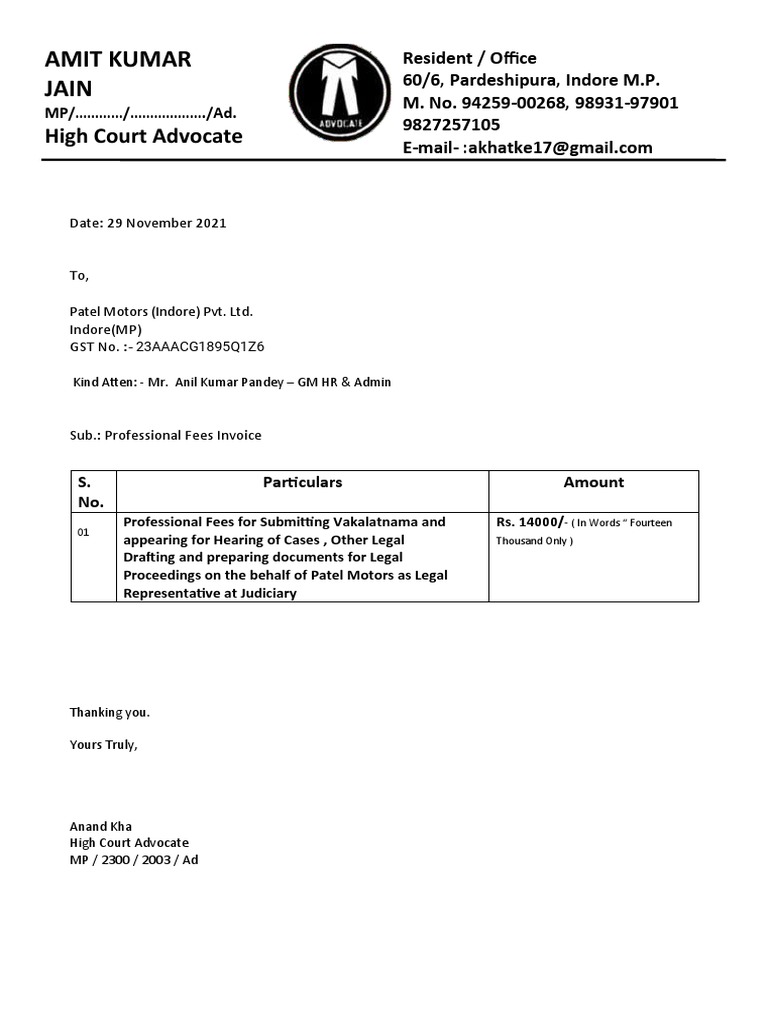 Legal Fees Invoice Format | PDF