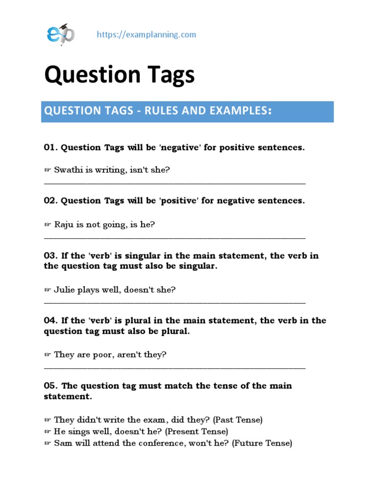 Question Tags Rules PDF Rules Forming Tag Question PDF | PDF | Verb | Question