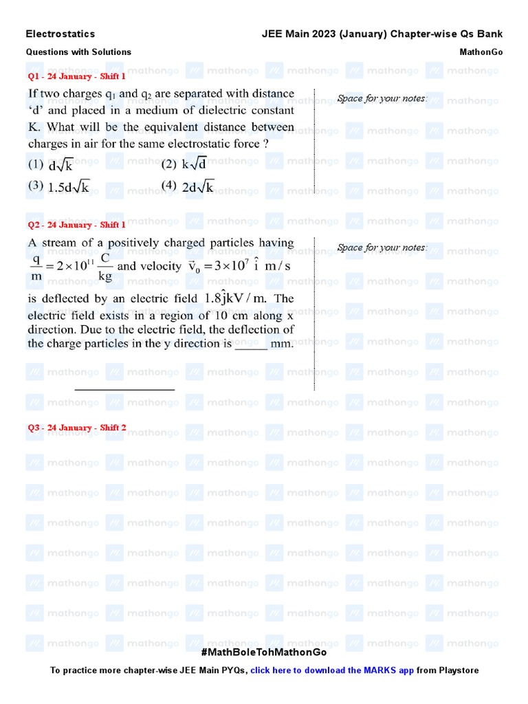 JEE Main 2023 Electrostatics Qs | PDF | Computers