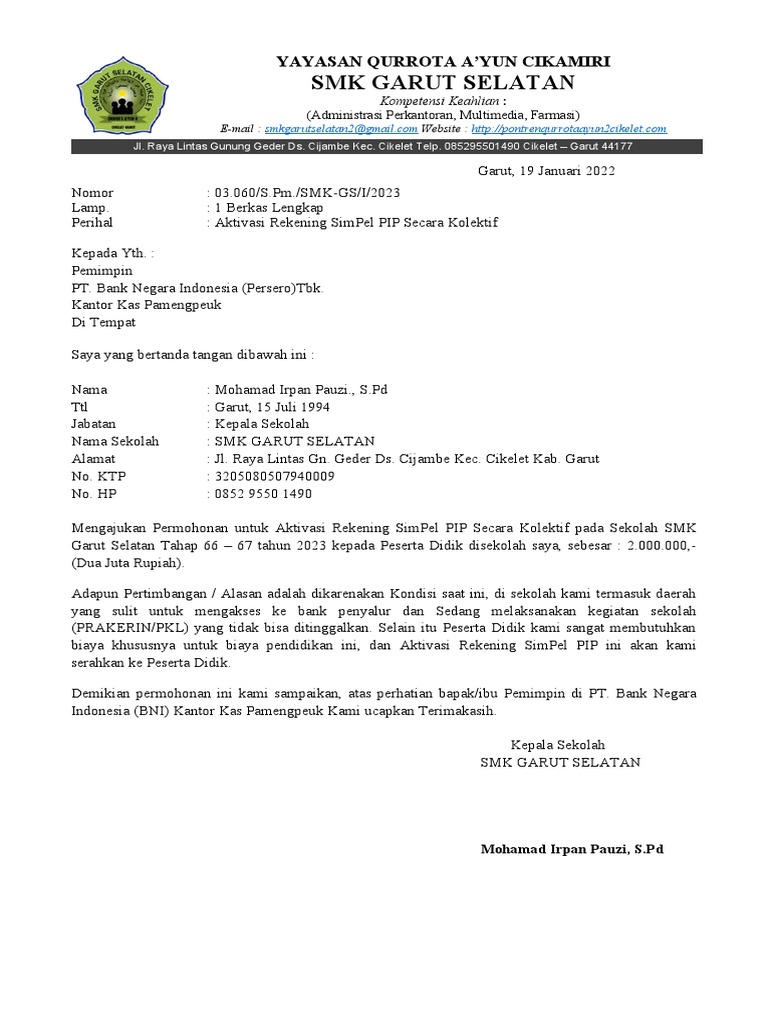 Surat Aktivasi Rekening PIP Kolektif | PDF