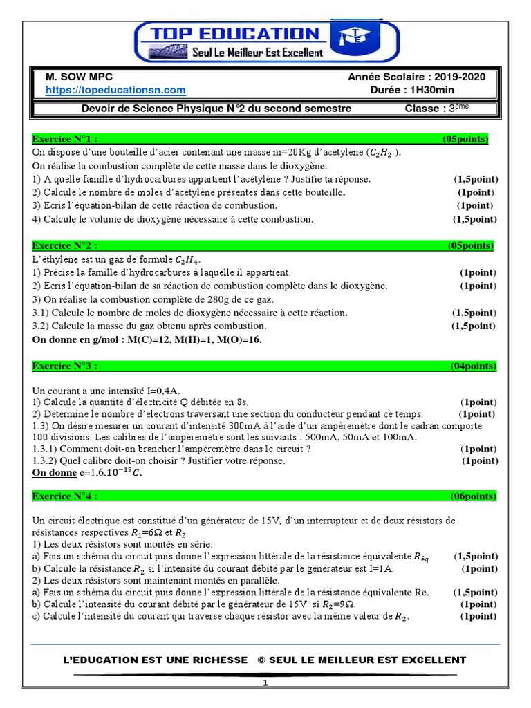 Devoir de Science Physiques N°2 Du 2ème Semestre 3ème 2020-2021 Senegal | PDF