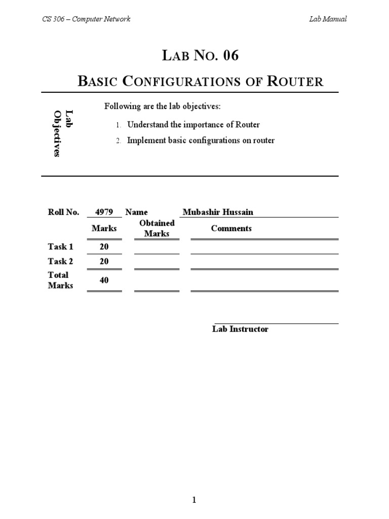 Cs306 Cn Lab 6 Basic Router Configuration Pdf