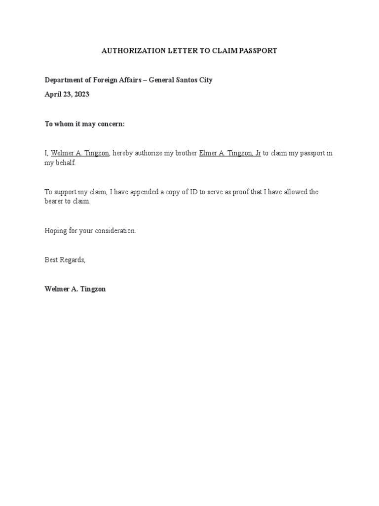 Authorization Letter To Claim Passport | PDF
