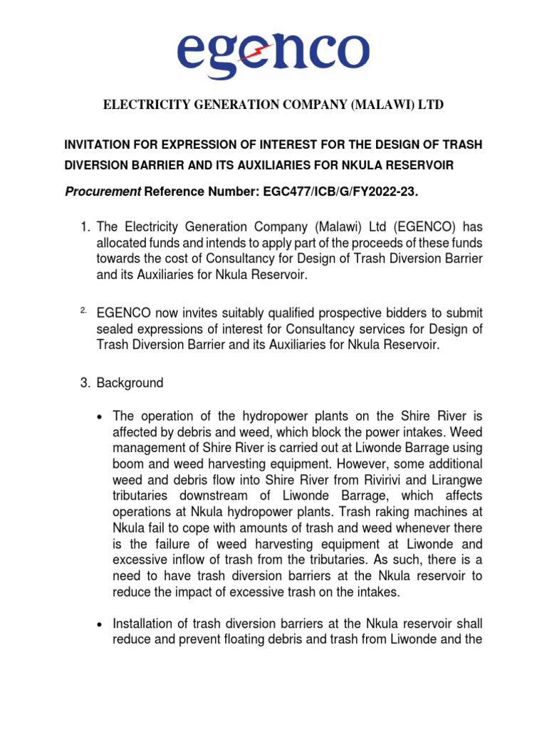 Advert For Expression of Interest Design of Trash Diversion Barrier For ...