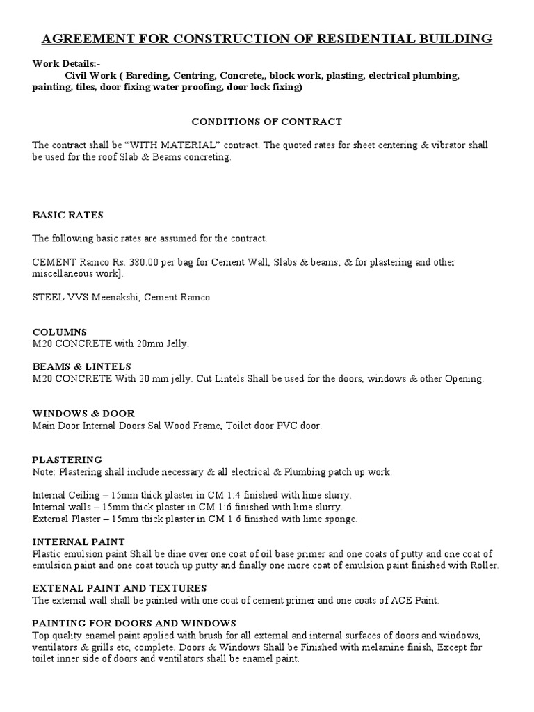 Residential Building Construction Agreement | PDF | Paint | Door