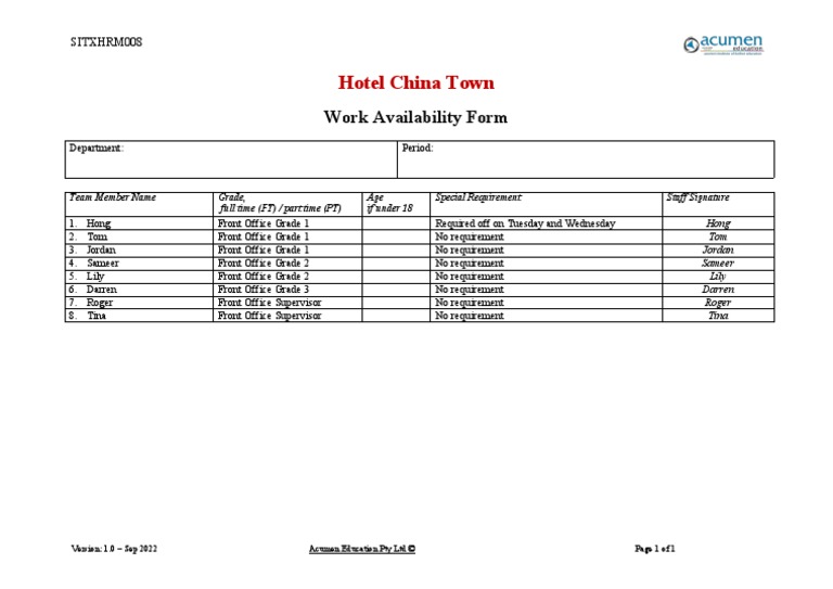 24 - SITXHRM008 - Work Availability Form | PDF