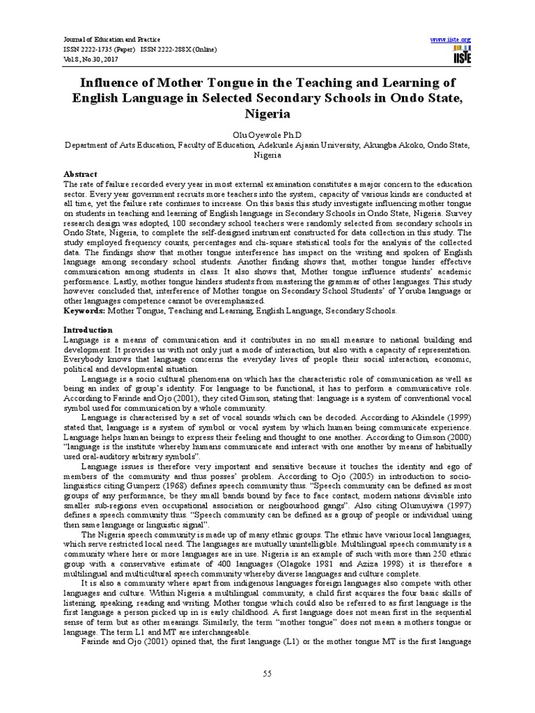 Influence of Mother Tongue in The Teaching and Learning of English ...