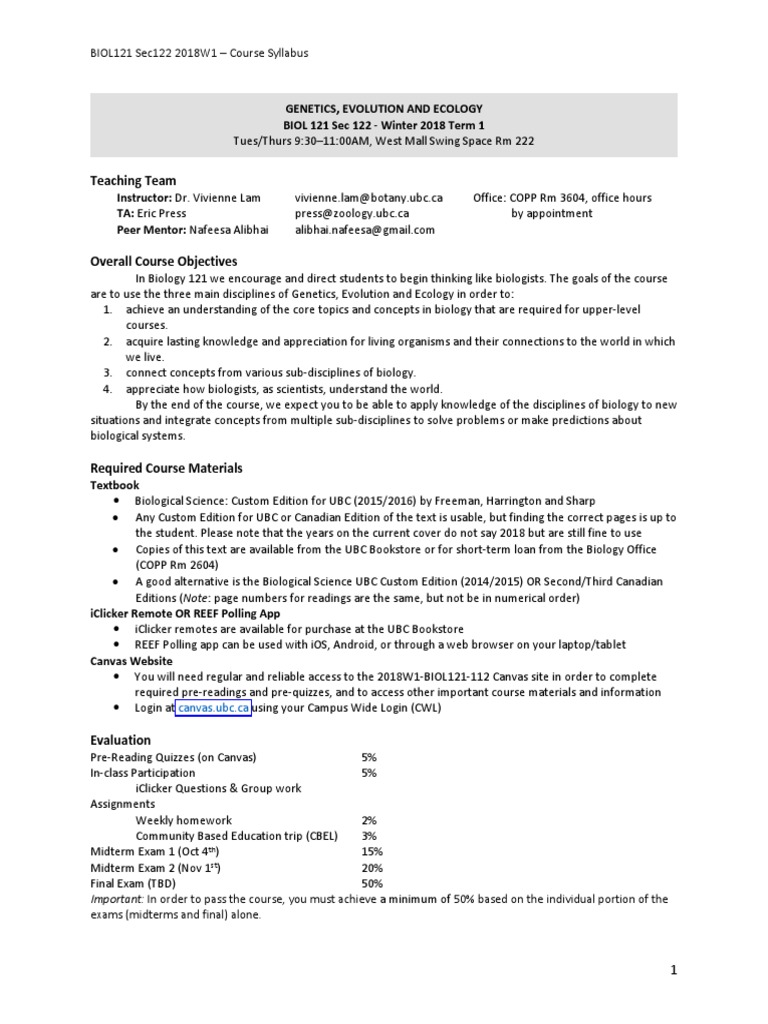 BIOL121 Sec122 2018W Syllabus | PDF | Evolution | Academic Dishonesty