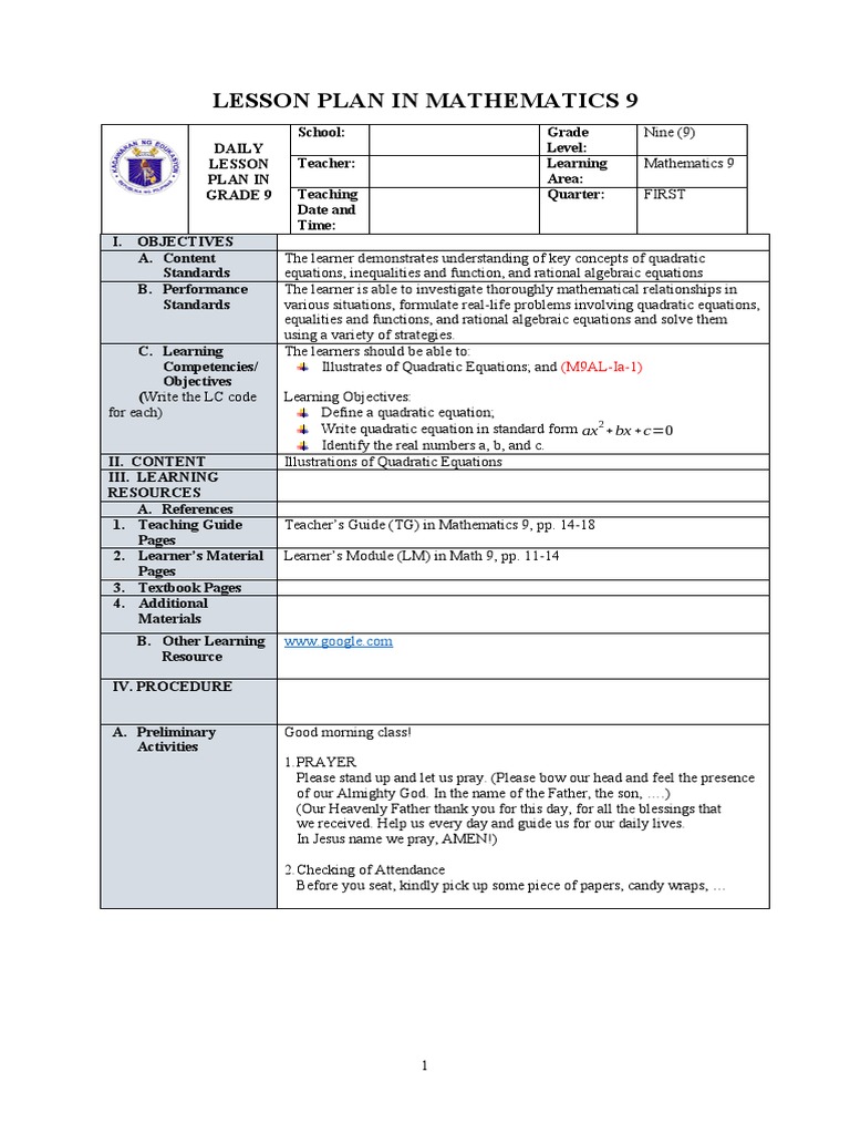 DepEd DLL Grade 9 For Demo | PDF | Equations | Quadratic Equation