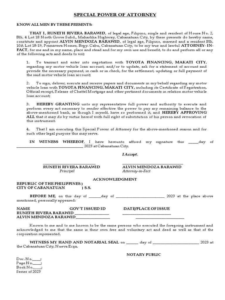 Special Power of Attorney - Sample | PDF