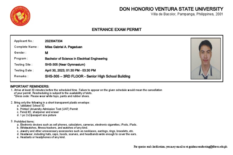 DHVSU Entrance Exam Permit Details | PDF