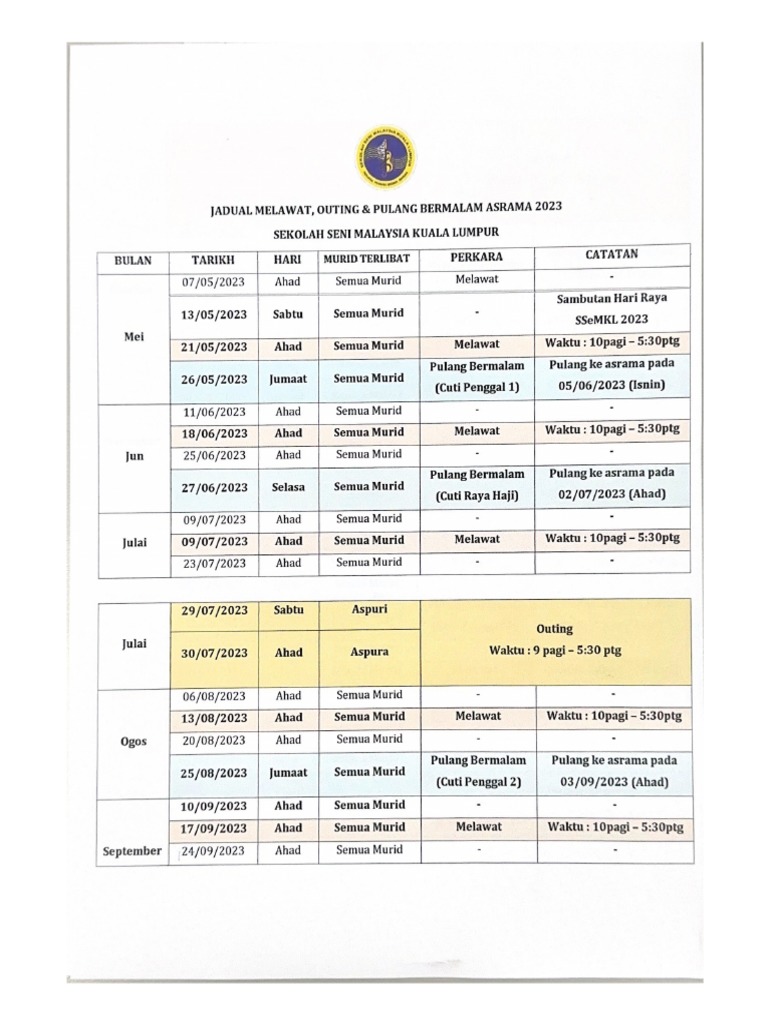 Jadual Asrama 2023 | PDF