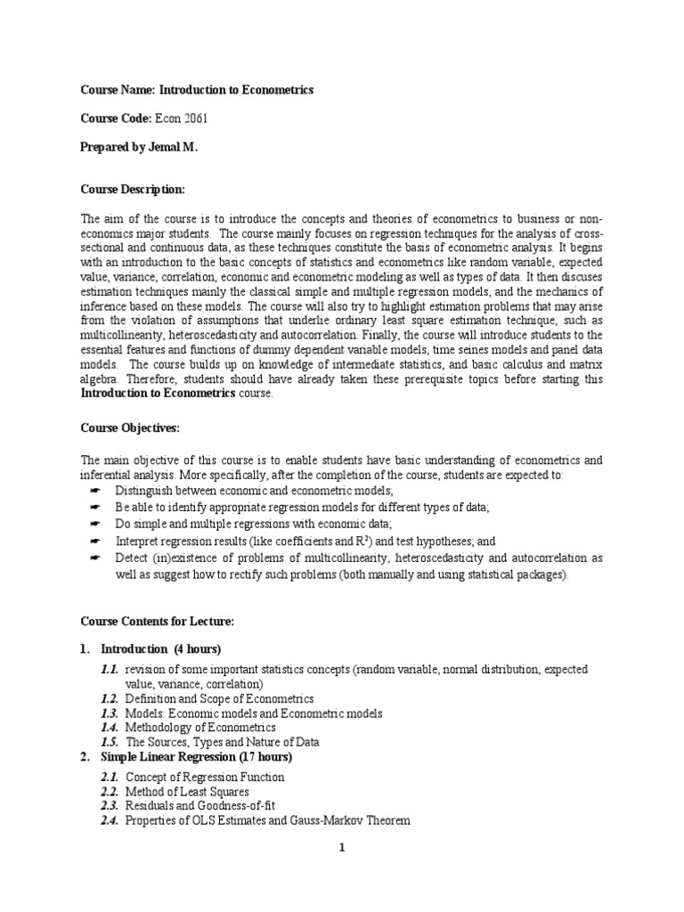 Course Outline Econometrics | PDF | Regression Analysis | Econometrics Course Outline Econometrics | PDF | Regression Analysis | Econometrics