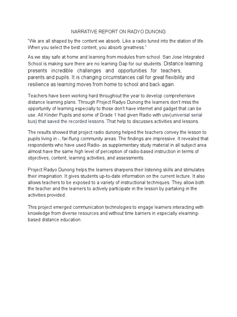 Narrative Report Project Radio Dunong | PDF | Career & Growth