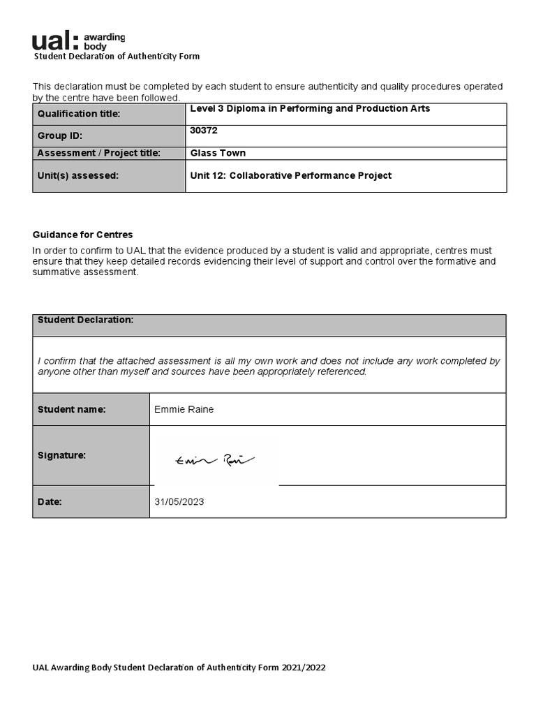 authentication form diploma - glass town - emmie raine | PDF