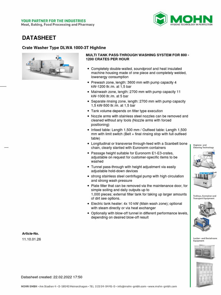 Crate Washer DLWA 1000-3T Specs | PDF | Washing Machine | Pump