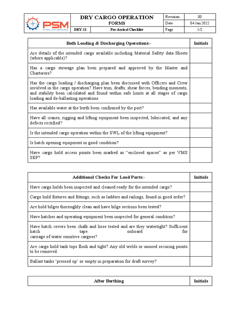DRY-11 Pre Arrival Checklist | PDF