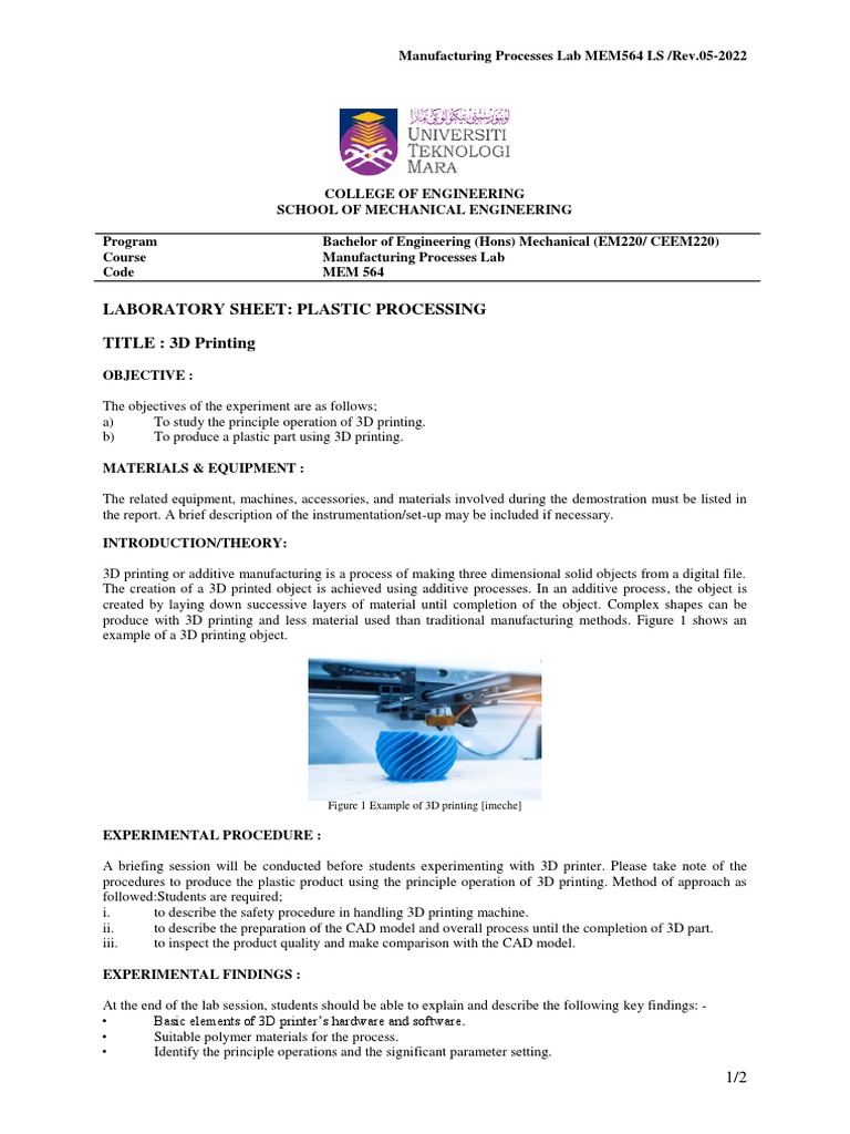 Plastic Processing Lab Sheet - 3D Printing | PDF | 3 D Printing | 3 D ...