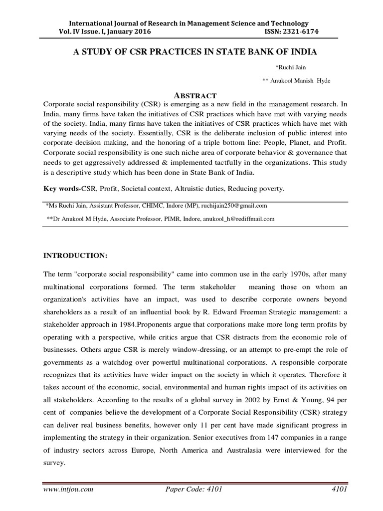 A Study of CSR Practices in State Bank of India: Bstract | PDF | Corporate Social Responsibility ...