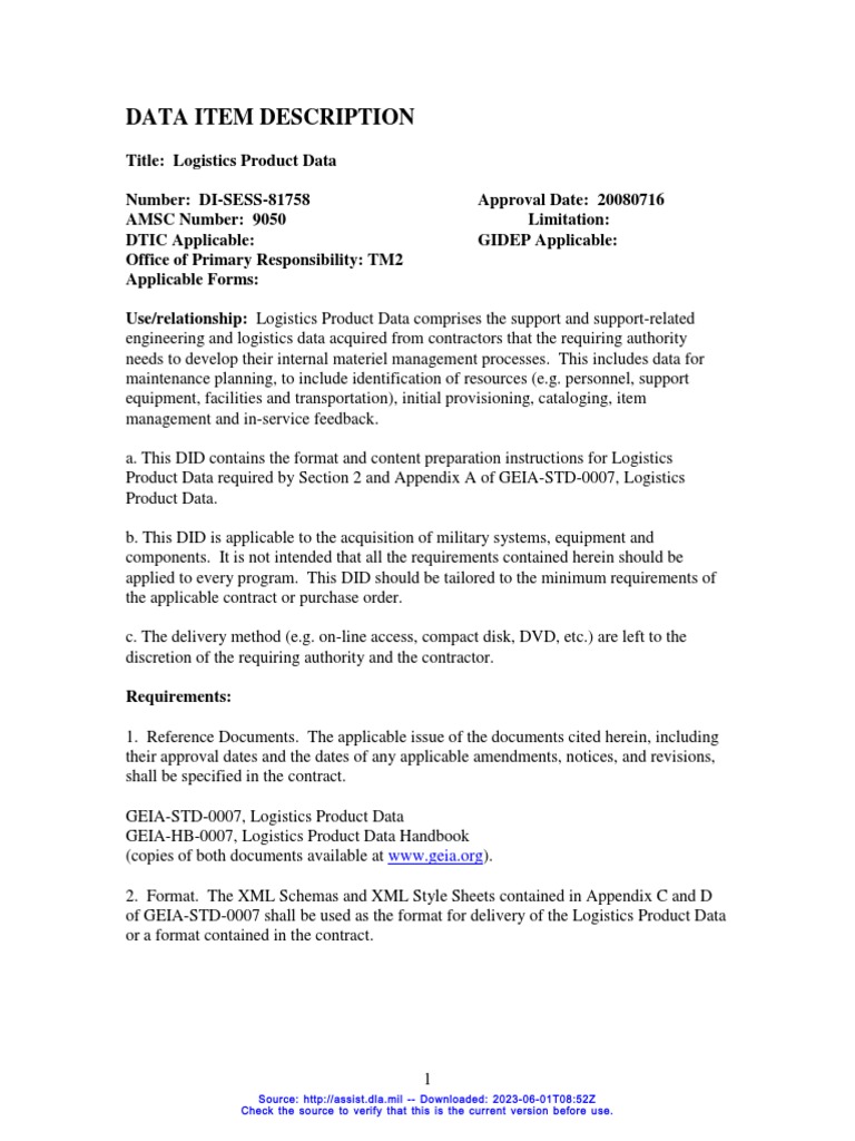 DI-SESS-81758-Logistics Product Data | PDF | Xml | Logistics