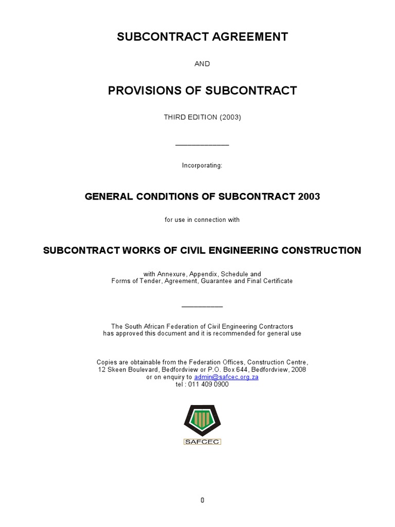 SAFCEC Subcontract 2003 Rev 1 PDF Subcontractor Indemnity