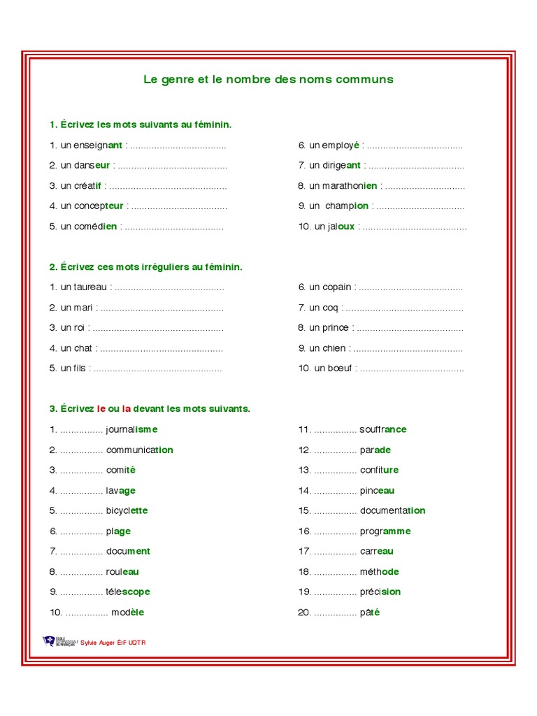 Le Genre Et Le Nombre Des Noms Communs Exercices Et Corrige Debutant ...