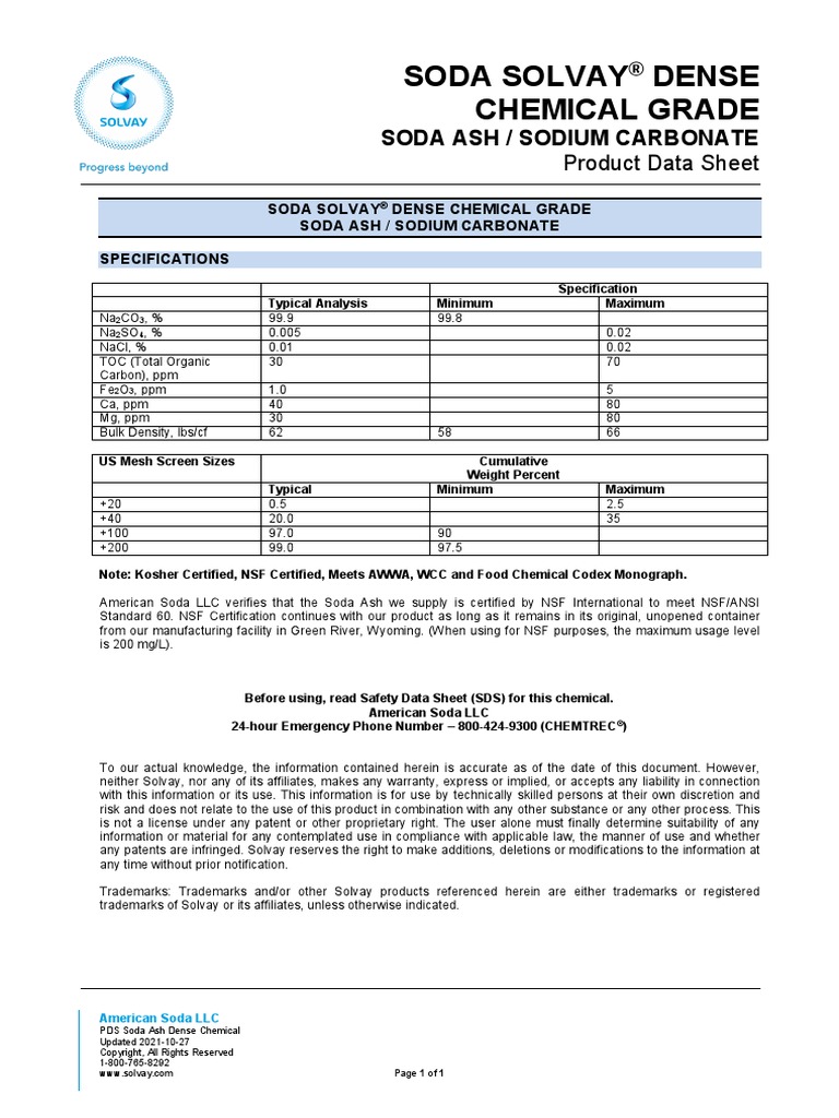 Soda Ash - Soda Solvay® DENSE Chemical Grade - PDS - Orig US | PDF